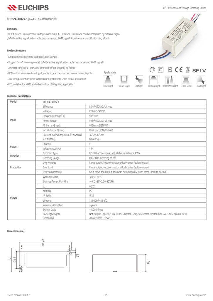 EUP12A-1H12V-1 1-10V 12V 12W | โคมไฟLED หลอดไฟLED ขายส่ง ราคาโครงการ