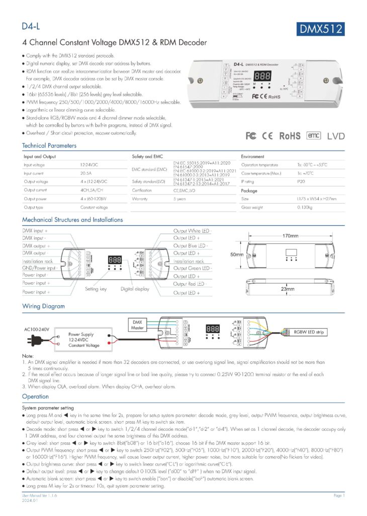 4 Channel Constant Voltage DMX512 & RDM Decoder D4-L